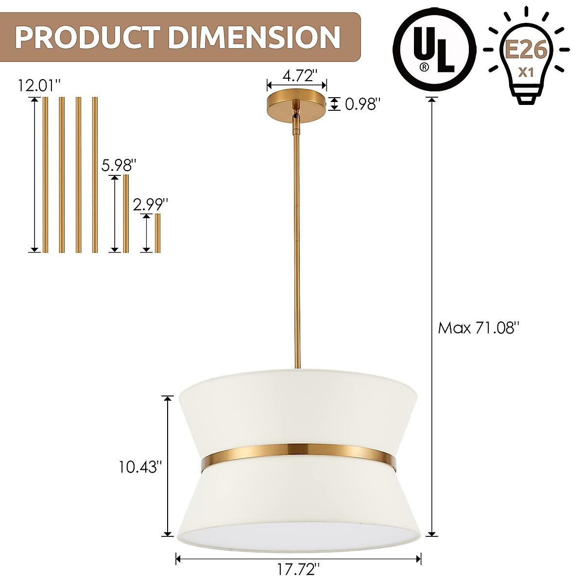 ELYCCUPA Modern Chandelier with Off-White Fabric Shade and Brass Finished Adjustable Pendant Light for Kitchen Island Living Room Bedroom Hallway, E26, Dia 18 Inch, UL Listed