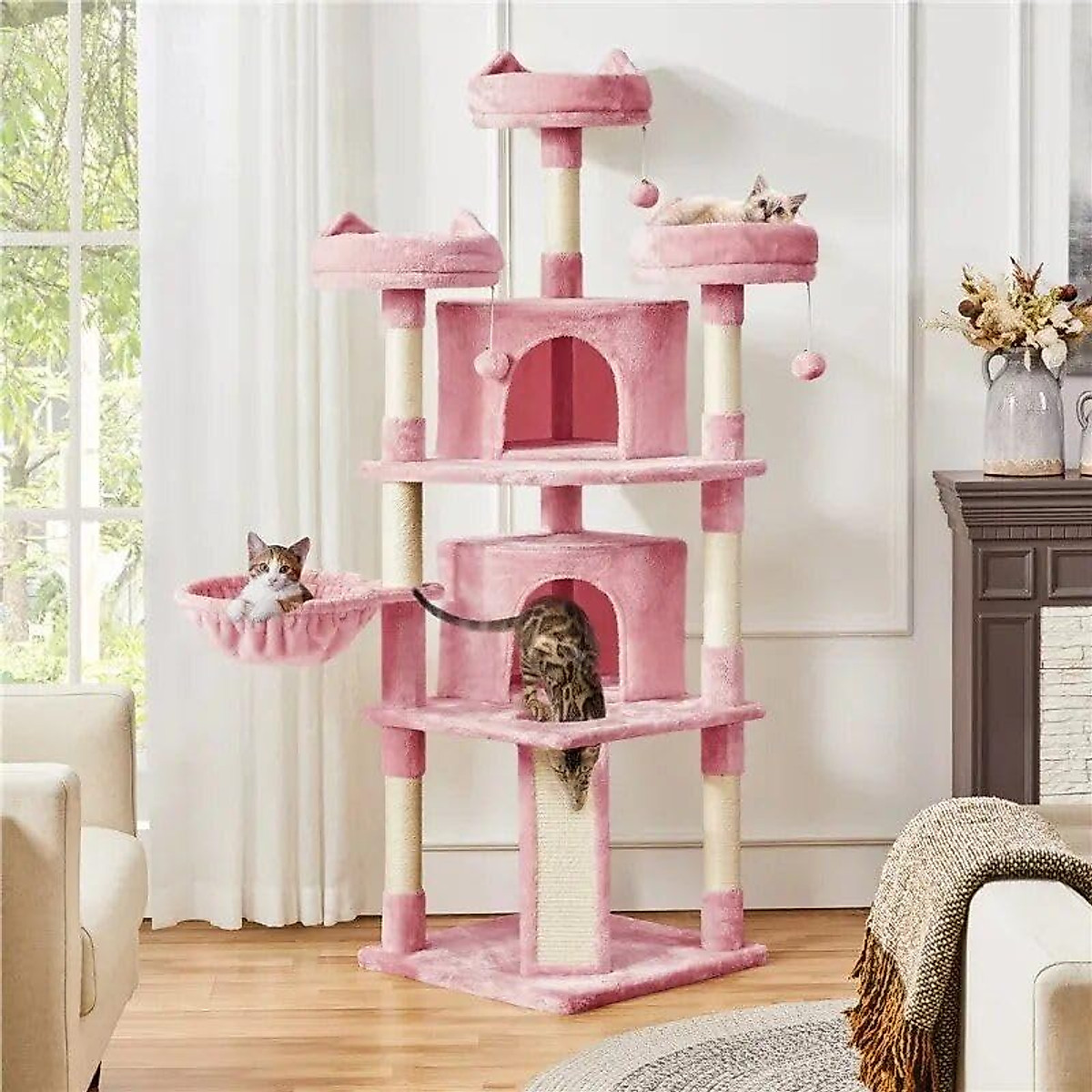 Pink 69” Multi-Level cat Tree with Condos, Scratching Posts & Platforms