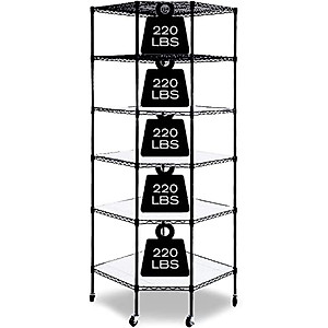 Aybihous3 6 Tiers Corner Shelf Adjustable Metal Storage Wire Shelving Unit Heavy Duty Commercial Rack Free Standing Rack Metal Display On Wheels for Garage Living Room Kitchen Industrial NSF Black