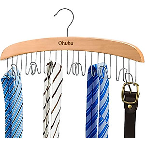 Belt Hanger Organizer for Closet, Ohuhu Wooden 12 Hooks Belt Rack Tie Holder for Storage, 360 Degree Rotating Belt Display Space Saver for Men Women Belt Tie Scarf Tank Top Accessories