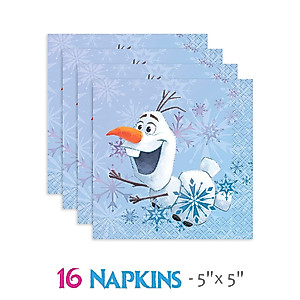 Disney Licensed Frozen Birthday Party Supplies for 16 People. Large Plates, Napkins, Elsa & Anna Centerpieces, Banner, Swirls, Table Cover. Quality Disposable Decorations for Frozen Movie Party
