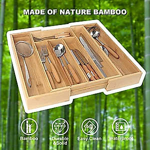 KAHOO Bamboo Kitchen Drawer Organizer, Kitchen Drawer Organizer and Utensil Organizer, Silverware Organizer with Grooved Drawer Dividers for Kitchen Utensil and Flatware Bedroom Office