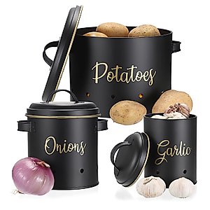 OwnMy Set of 3 Potato Onion Garlic Storage Bins Vegetable Containers Food Containers for Kitchen Counter, Potato Onion Storage Containers for Pantry Garlic Storage Jars Vegetable Canisters Set, Black