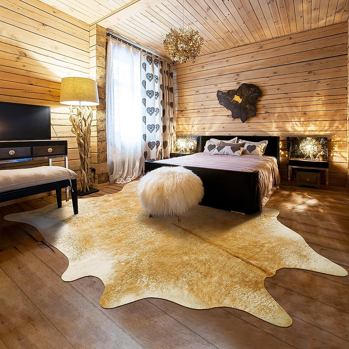 Rtizon Faux Cowhide Rug for Living Room, 6.2 x 7 Feet Khaki, Cow Print Skins Rug for Bedroom,Premium Faux Fur Animal Cow Hide Rugs Carpet for Western Decor