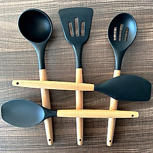 IOCBYHZ Silicone Cooking Utensils Set of 5, Heat Resistant Silicone Kitchen Utensils Set w Wooden Handle, BPA Free Silicone Spatula Spoon Turner Set Kitchen Gadgets Utensils Set for Nonstick Cookware