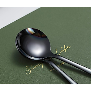 Black Soup Spoons, Kyraton 6 Pieces Stainless Steel Round Spoons With Black Titanium Plating, Black Dinner Spoon Table Spoon, Spoons Silverware Dishwasher Safe Set of 6