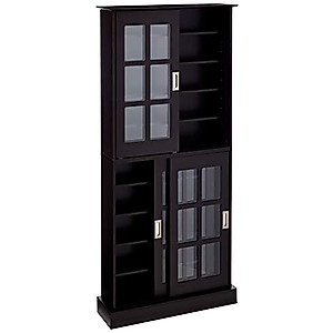 Atlantic Windowpane Media/Storage Cabinet - Tempered Glass Pane Sliding Doors, Stores Optical Media Like CD/DVD/BD/Game Discs, Collectables & Memorabilia Collections, PN 94835757 in Espresso