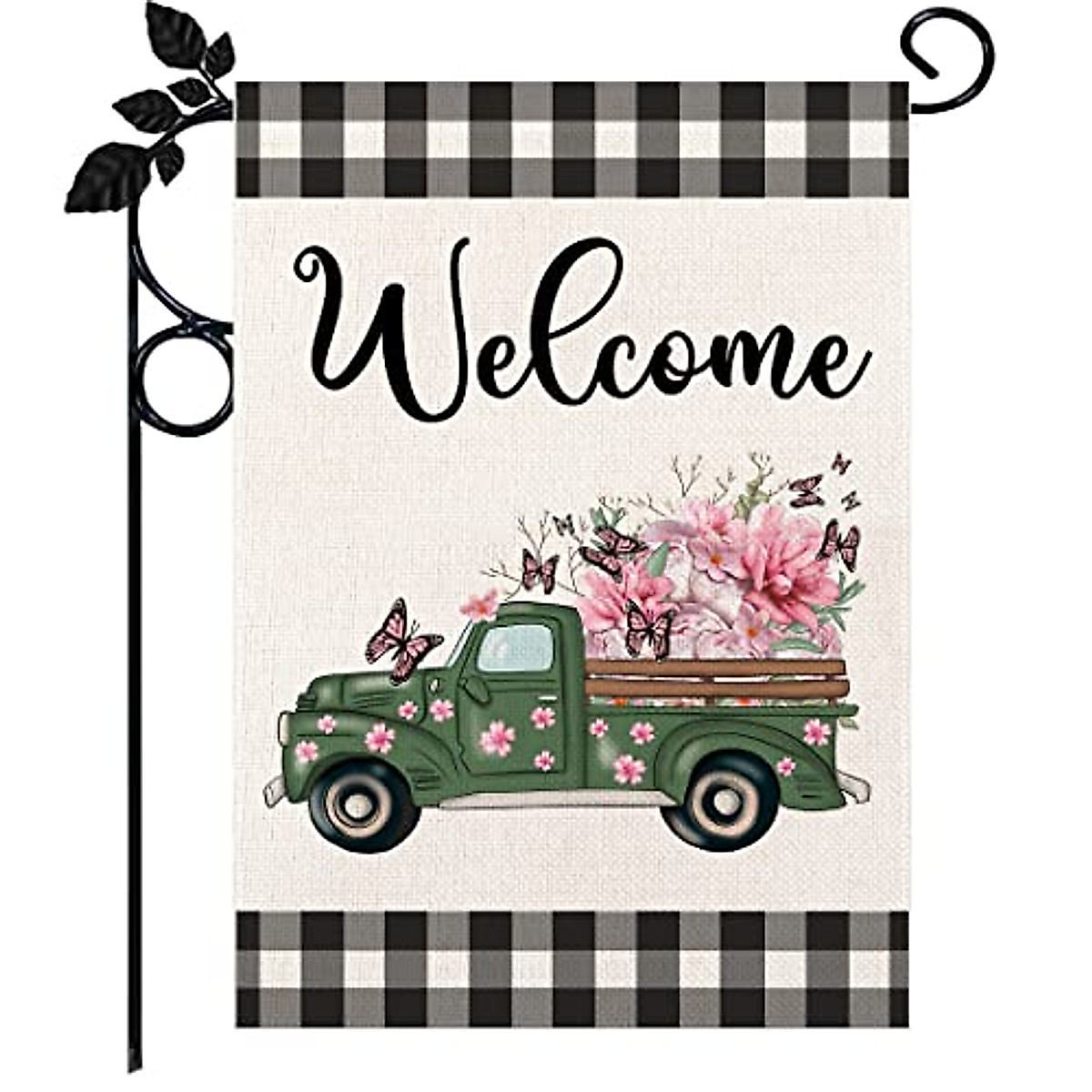 Spring Garden Flags, Buffalo Floral Welcome Spring Truck Garden Flag,12×18 Small Vertical Double Sided Small Yard Flag, Seasonal Outdoor Flag Outside Decor for Home Yard Farmhouse