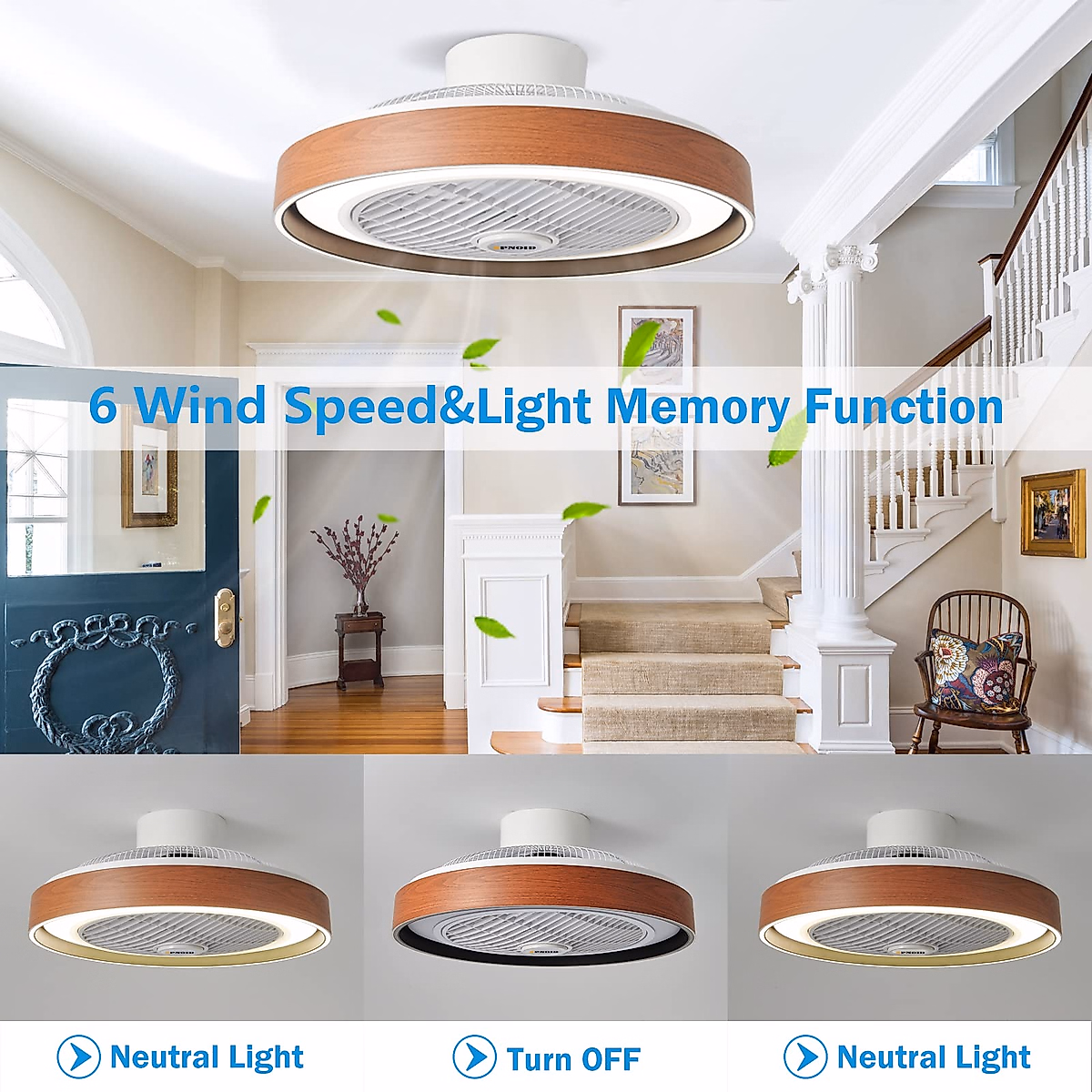 Spnoid Ceiling Fans with Lights and Remote,Enclosed Ceiling Fans Modern Low Profile Ceiling Fan Lights with Dimmable LED 6 Speeds Bladeless Flush Mount Fans with Light for Bedroom Living Room