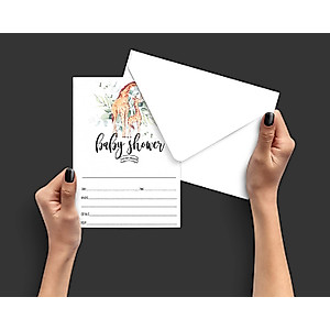 Giraffe Baby Shower Invitations Gender Neutral (25 Pack) Blank Invites for Reveal Parties – Greenery Theme Boy or Girl – Handwrite Party Details on Printed Invitation with Envelope Set 5x7