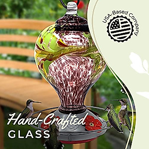 Hummingbird Feeder by Grateful Gnome - Large Hand Blown Stained Glass Feeder for Garden, Patio, Outdoors, Window with Accessories S-Hook, Ant Moat, Brush - 36fl oz, Large Purple Egg Design