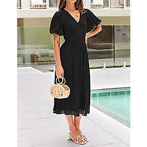 MEROKEETY Womens 2023 Summer Puff Sleeve Wrap V Neck Pleated Flowy Midi Dress for Wedding Guest,Black,M