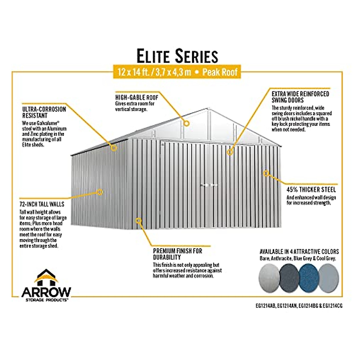 Arrow Shed Elite 12' x 14' Outdoor Lockable Gable Roof Steel Storage Shed Building, Cool Grey