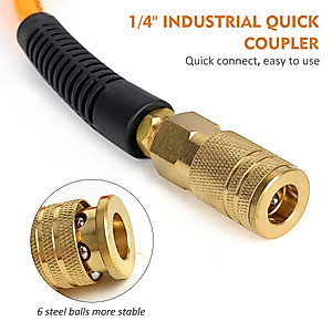 FYPower Air Compressor Hose 1/4 Inch x 100 Feet Flexeel Reinforced Polyurethane (PU) Air Hose with Fittings, Bend Restrictors, 1/4" Industrial Quick Coupler and Plug Kit