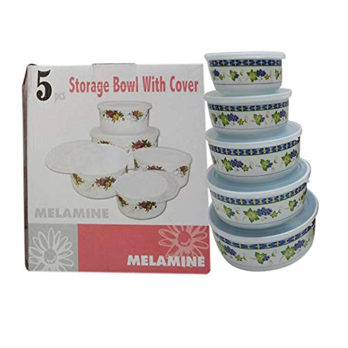 Melamine Bowl 5 Pcs set - serving bowls with lids Bowl Set for Soup Cereal Rice Noodles Salad, Dishwasher-Safe