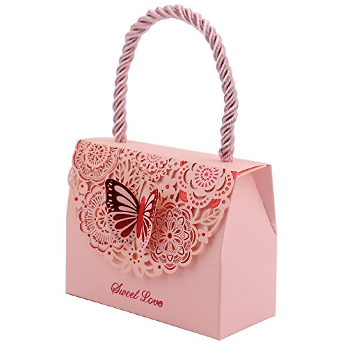 Driew Butterflies Purse Party Favor bags, 20 Pack Baby Shower Candy Gift Chocolate Favor Box Set with Handle for Wedding Decorative, Anniversary, Birthday Parties, Bridal Showers - Pink, 3.5"x1.6"x2.8"
