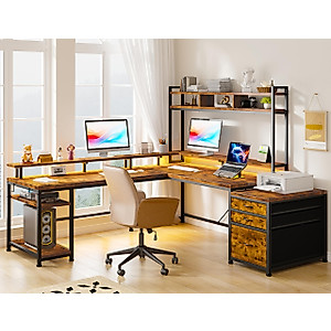 EnHomee L Shaped Desk with Drawers Large L Shaped Gaming Desk with LED & Storage Shelf Reversible Gaming Desk with Monitor Stand Power & Outlet Wide Home Office Desks with File Cabinet Brown