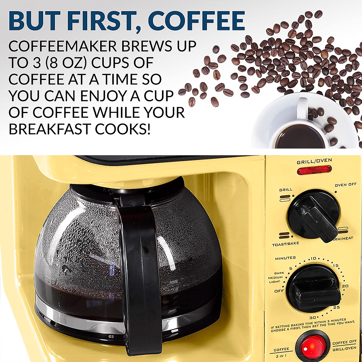 Nostalgia 3-in-1 Breakfast Station - Includes Coffee Maker, Non-Stick Griddle, and 4-Slice Toaster Oven - Versatile Breakfast Maker with Timer - Yellow