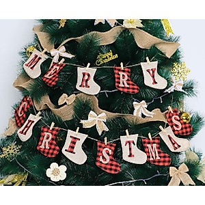 Merry Christmas Banner, Rustic Christmas Tree Ornaments Stocking Decorations, Unique Hand-Sewn Burlap Socks Shaped Christmas Tree Decorations, Stockings for Home Office Party Fireplace Decoration