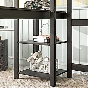 RUNWON Full Loft Bed with Desk and Shelves, Safety Guardrail, Ladder for Kids Teens Bedroom