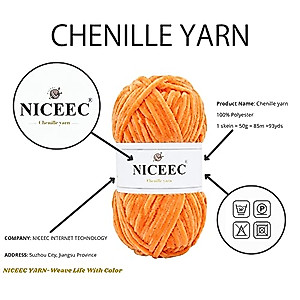 NICEEC 3 Skeins Soft Chenille Yarn Blanket Yarn for Knitting Fancy Yarn for Crochet Weaving DIY Craft Total Length 3×85m (3×93yds, 3×50g)_Orange