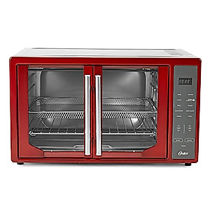 Oster Extra Large Single Pull French Door Turbo Convection Toaster Oven with 2 Removable Baking Racks, 60-Minute Timer, & Adjustable Temperature, Red
