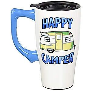 Spoontiques - Ceramic Travel Mugs - Happy Camper Cup - Hot or Cold Beverages - Gift for Coffee Lovers