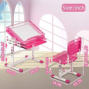 Kids Desk and Chair Set Height Adjustable Ergonomic Children Sturdy Table with Drawer Storage Childs Study School Desk Interactive Workstation Kids Art Writing Desk Furniture for Girls Boys