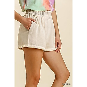 Umgee Linen Blend Elastic Waistband Paperbag Shorts with Pockets and Frayed Hem Oatmeal