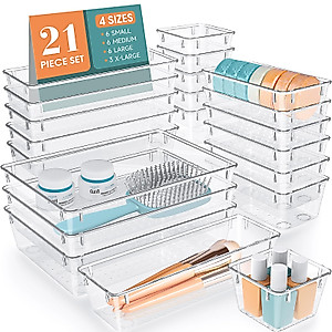 WOWBOX 21 PCS Clear Plastic Drawer Organizer Set, 4 Sizes Desk Drawer Divider Organizers and Storage Bins for Makeup, Jewelry, Gadgets for Kitchen, Bedroom, Bathroom, Office