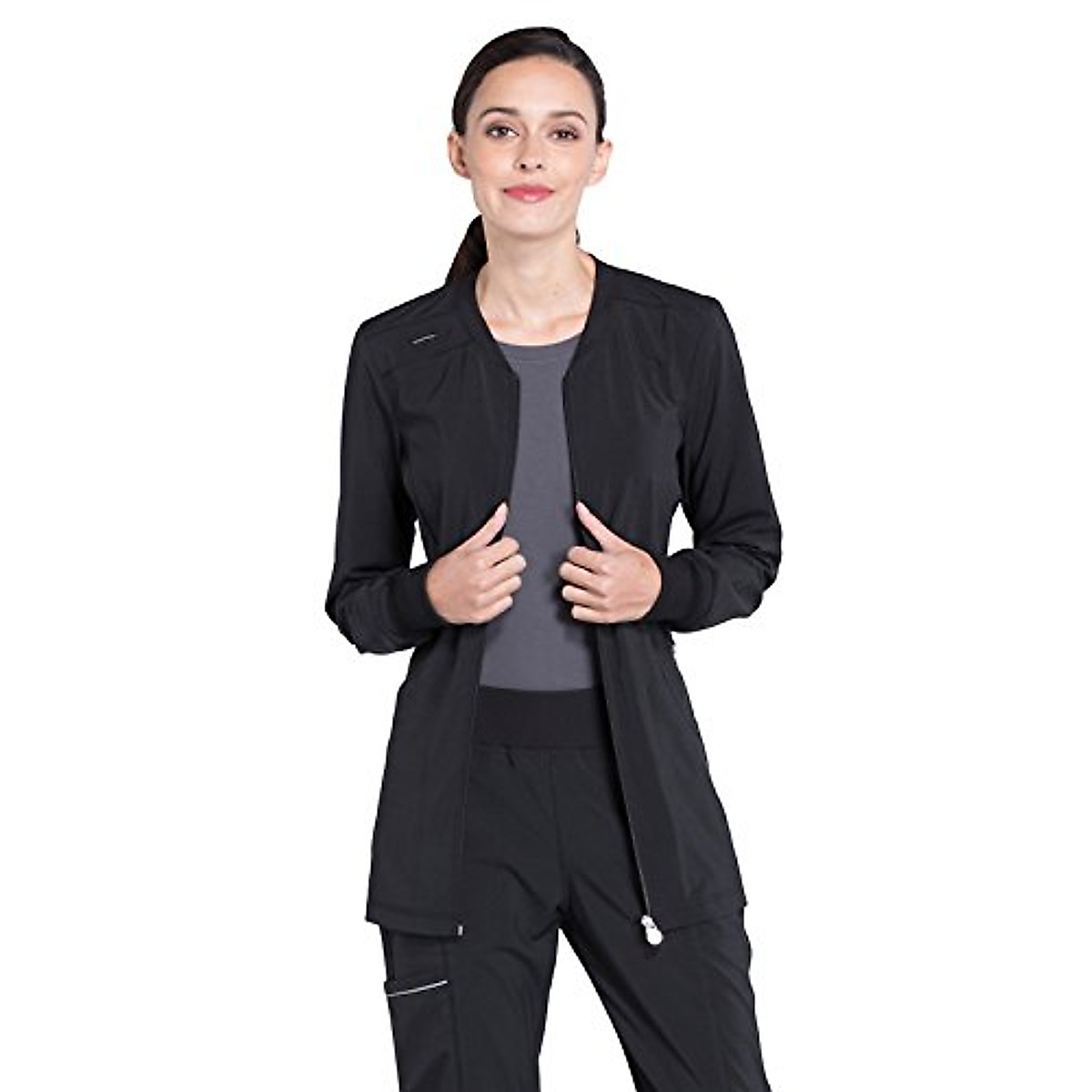 Cherokee Zip Front Womens Scrub Jacket 4-way Stretch with Lightweight, Superior Performance and Comfort, Infinity CK370A, S, Black