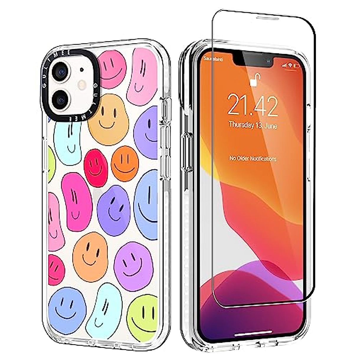 GULTMEE for iPhone 12 case & iPhone 12 Pro Case 6.1inch with 1 Screen Protector,Cute Rainbow Face Print Slim Design with Shockproof PC Bumper Protective Cover Clear Case for Women Girls Man