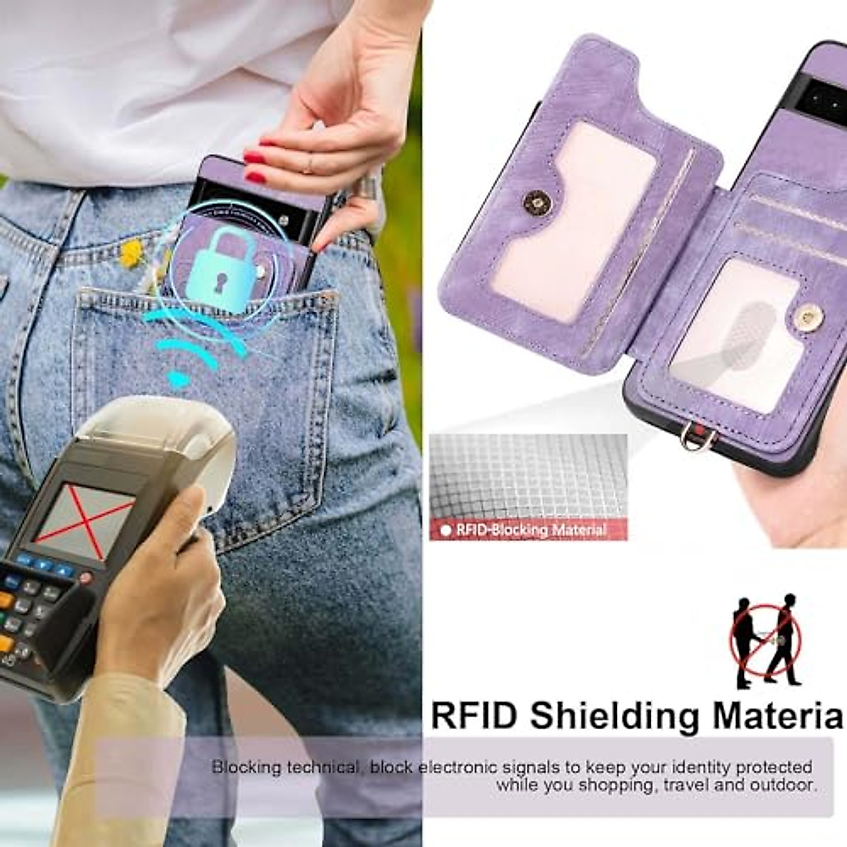 JanCalm for Google Pixel 6a Case Card Holder Wallet, Ring Stand, RFID Blocking, Wrist Strap, Camera Protector, Leather Magnetic Clasp Protective Cover for Google Pixel 6a (Purple)