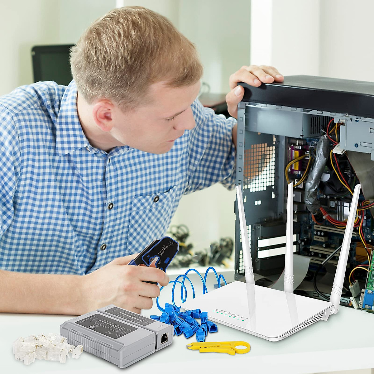 RJ45 Crimp Tool Kit Pass Thru Ethernet Crimper for Cat5e Cat6 Cat6a 8P8C Modular Connectors, All-in-One Cat6 Crimping Tool and Tester(9V Battery Not Included)