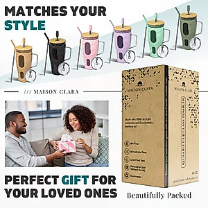 MAISON CLARA Glass Tumbler with Straw and Lid - 40oz Reusable Tumbler with Handle, Time Marker, Silicone Protective Sleeve-Two Straws & Two Lids (AMBER)