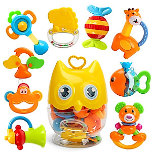 CUTE STONE Baby Rattles Toys Set, Babies Teethers Toys for Baby 3-12 Months, Early Development Learning Toy with Grasp, Spin Rattle Set and Storage Box, Newborn Infant Birthday Gifts for Girls & Boys
