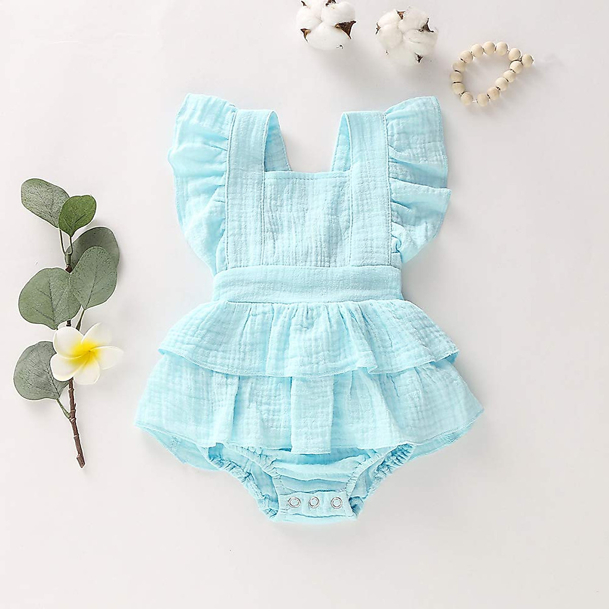 Douhoow Newborn Baby Girls Romper Ruffle Jumpsuit Bodysuit One-Piece Cotton Linen Outfits Clothes (Blue,3-6 Months)