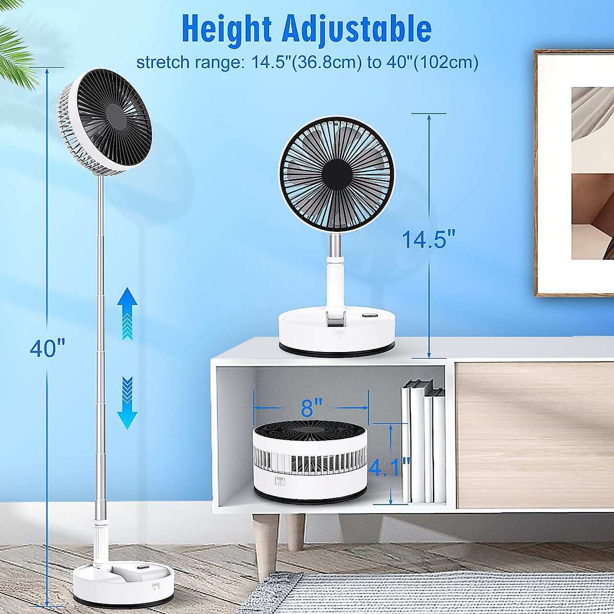 LIPETY Portable Foldable Rechargeable Oscillating Fan - 8" 7200mah Battery Operated USB C Small Fan Remote, Quiet Table Desk Fan Folding Standing Pedestal Fan for Bedroom Rome Office Camping Travel