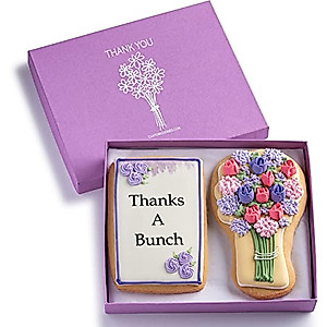 Gourmet Floral Thank you Cookie Gift Basket | 2 Large 2.5 x 4.5 in Vanilla Sugar Cookies Hand-Decorated Snack Variety Pack | Kosher Bakery Care Package For Women, Men Boys & Girls | Prime Delivery