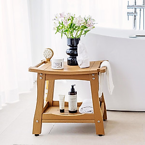 Y&M 2-Tier Bathroom Shower Bench with Waterproof Storage Shelf, HDPE Towel & Shower Head Shelves Curved Seat, Small Tub Chair for Shaving Legs Foot Stool, Bath, Spa, Indoor or Outdoor Use, Teak