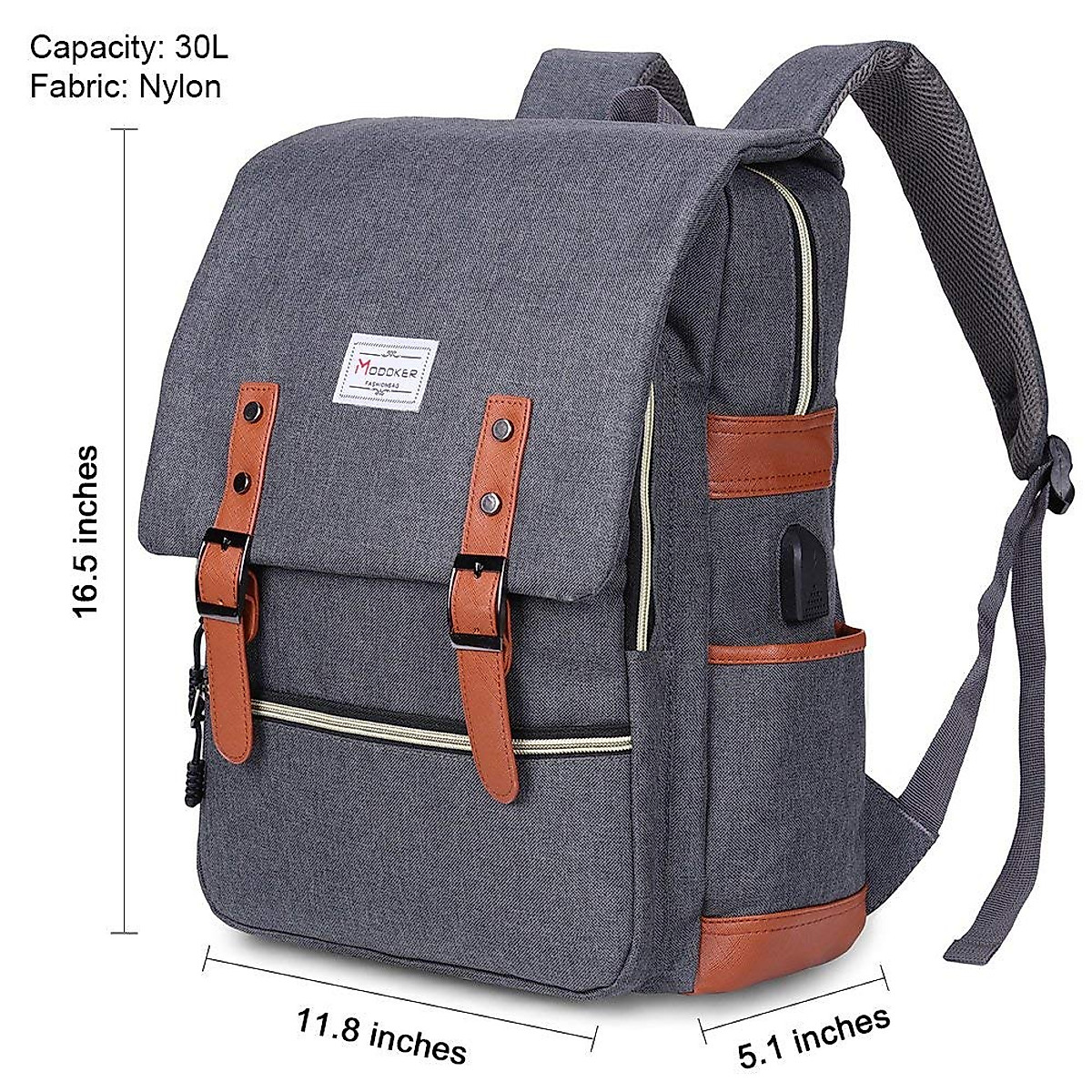 Modoker Vintage Laptop Backpack for Women Men,School College Backpack with USB Charging Port Fashion Backpack Fits 15.6Inch Notebook, Grey