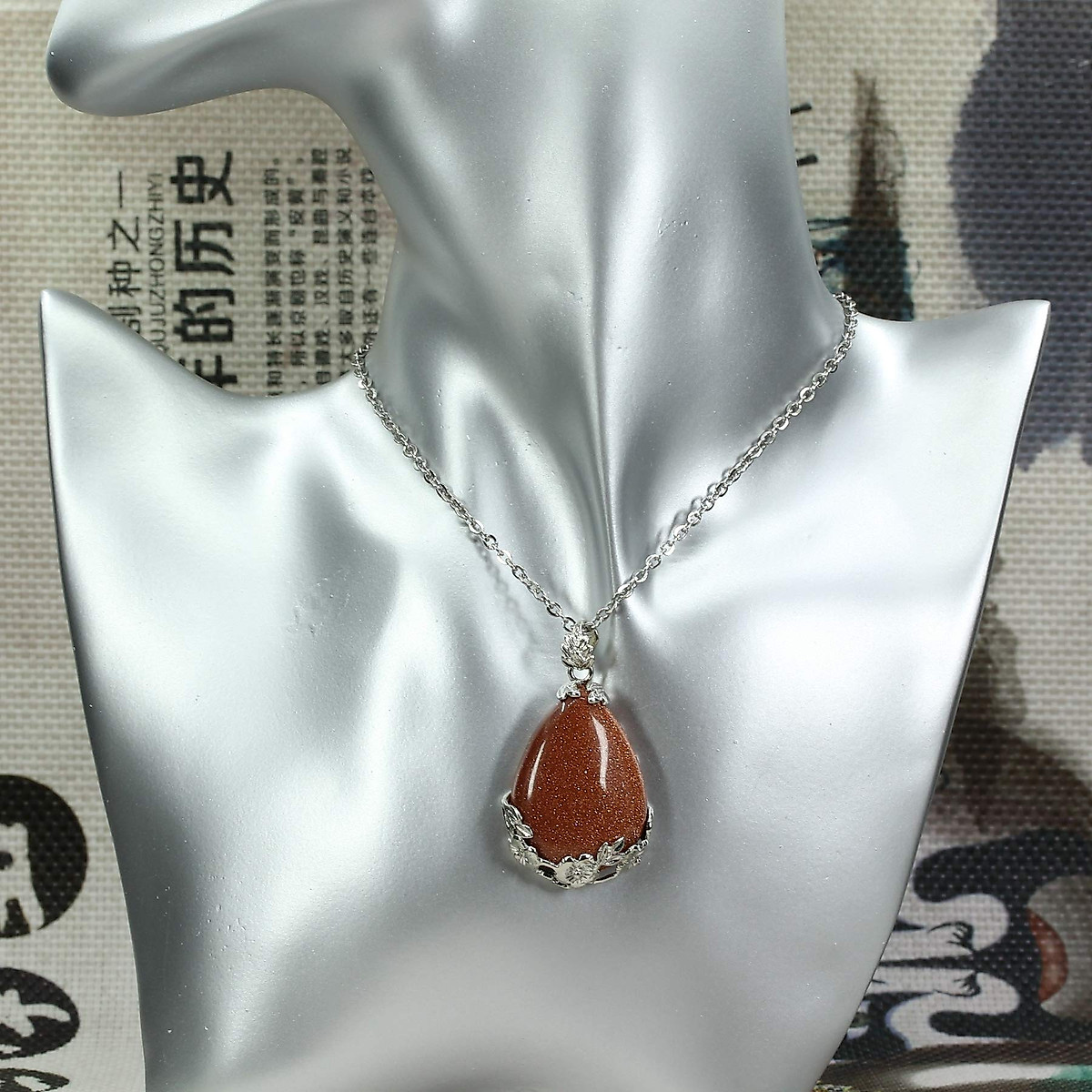 Synthetic Golden Sandstone Gemstone Droplets Reiki Chakra Pendant Stainless Steel Chains Necklace 18"