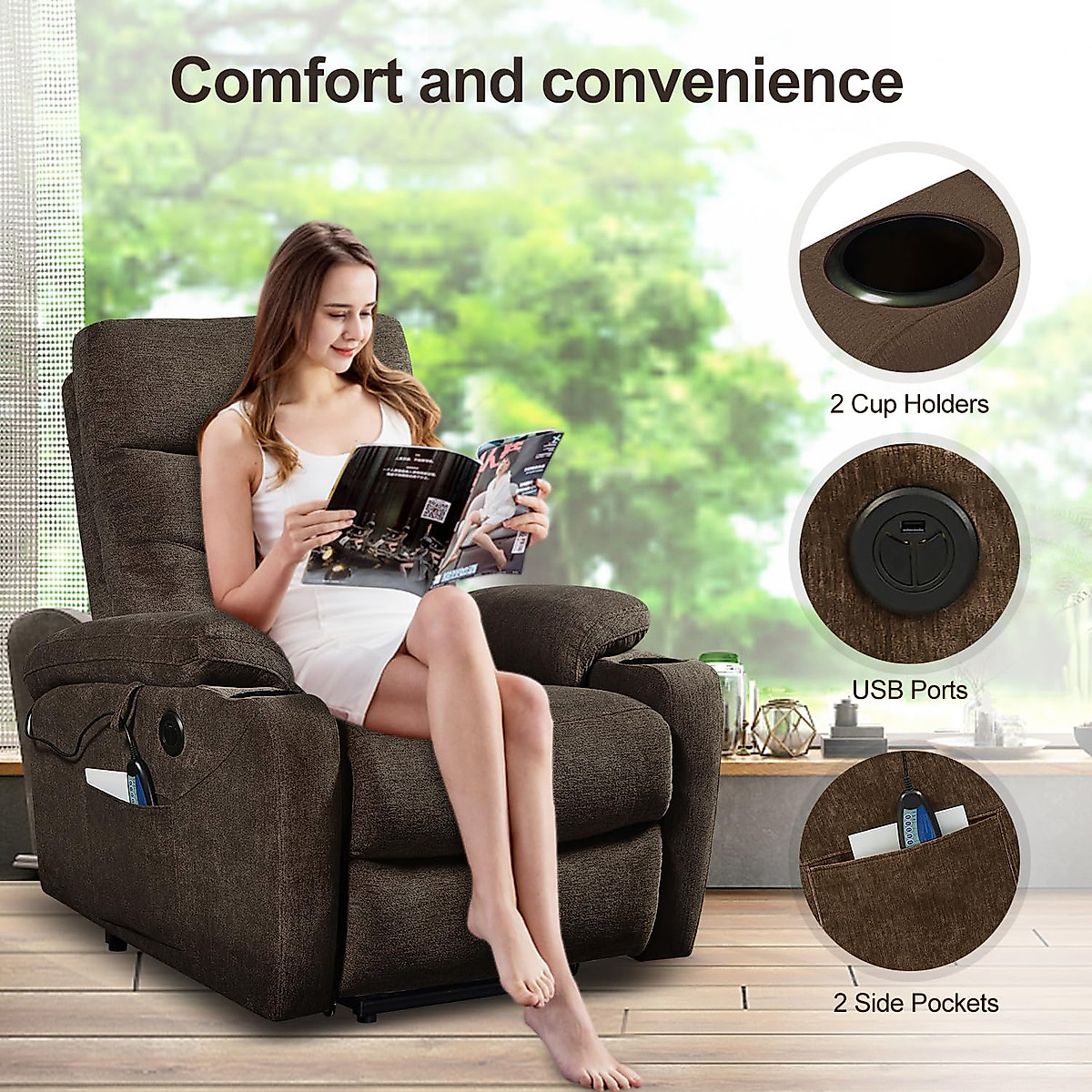 HLRAHOME Electric Power Lift Recliner Chair Sofa with Massage and Heat,3 Positions,2 Side Pockets and Cup Holders,USB Ports, High-end Quality Fabric for Home Living Room Bedroom Brown