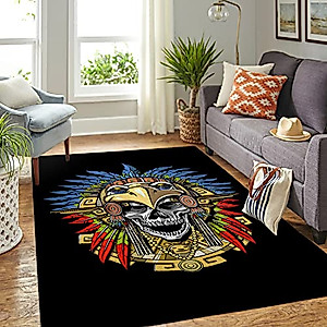LINDENPAL Aztec Skull Warrior, Aztec Eagle Mask Headdress, Aztec Mythology, Mayan Civilization, Native Mexican Large Rug: 5x8 Feet Area Rugs