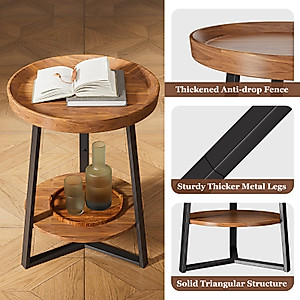 Gadroad Round End Table with Storage Shelf, 2 Tier Farmhouse Side Table Nightstand for Living Room, Bedroom, Wood Tabletop & Black Metal Frame, Brown 15.7 * 15.7 * 23.6inches