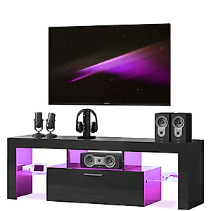 Entrintou Modern LED TV Stand for 55 inch TV with Shelves and Large Storage, Rustic Entertainment Center, Corner Small Television Stand, Black Table Top Gaming Glossy TV Stand for Living Room, Bedroom