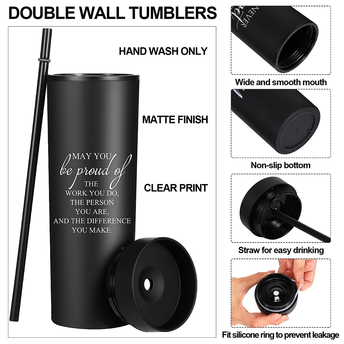 Rtteri 6 Pcs Employee Appreciation Gifts Bulk Thank You Tumblers Gifts for Women 16oz Inspirational Plastic Skinny Tumblers with Lids for Women Men Secretaries Teacher Coworker(Black, Motivational)