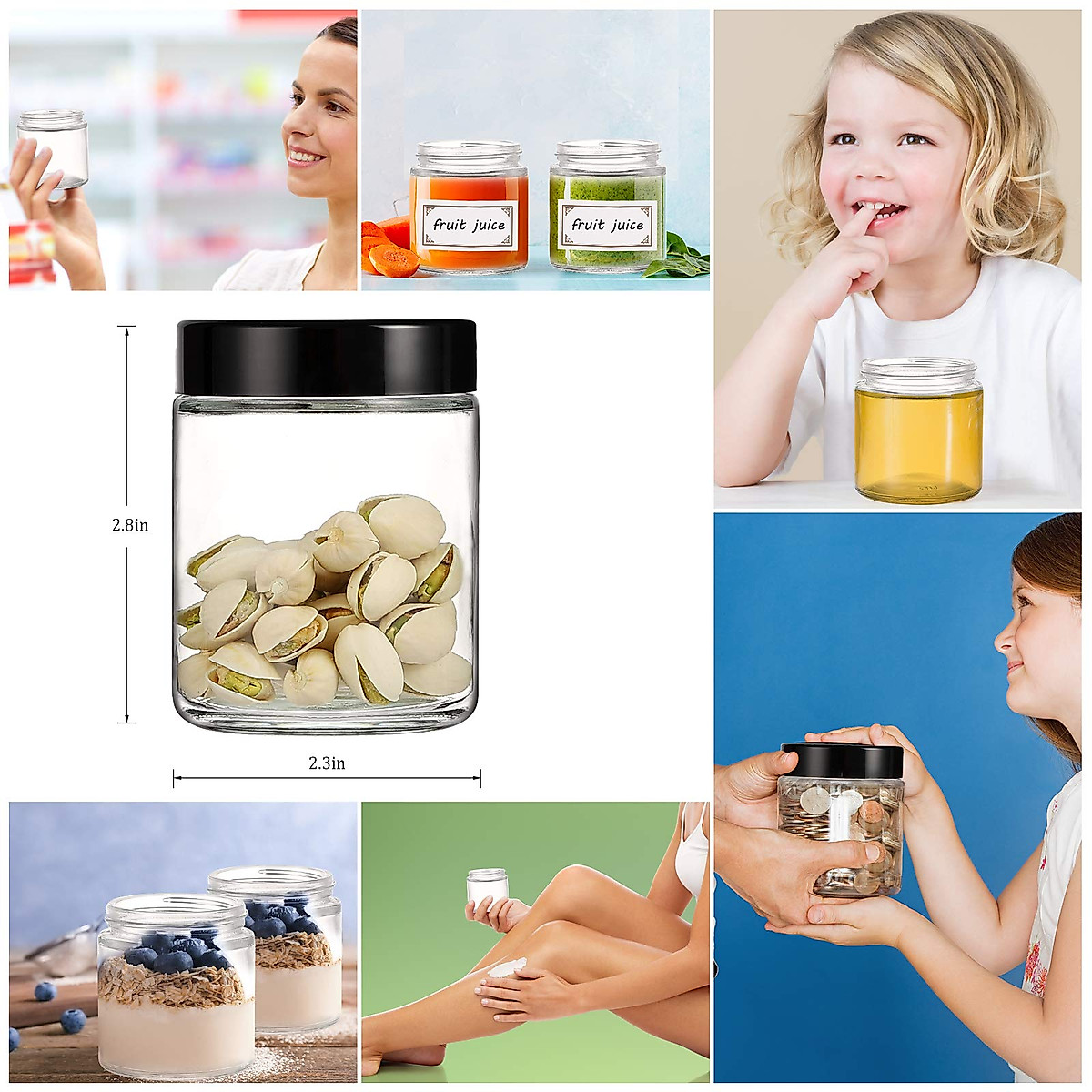 15 Pack 4 oz Clear Glass Jars with Lids, Round Empty Containers for Scrubs, Lotions, Cosmetic, Ointments and Butters, Travel Storage Jar with White Inner Liners £¬Black Lids, lables and Spatulas