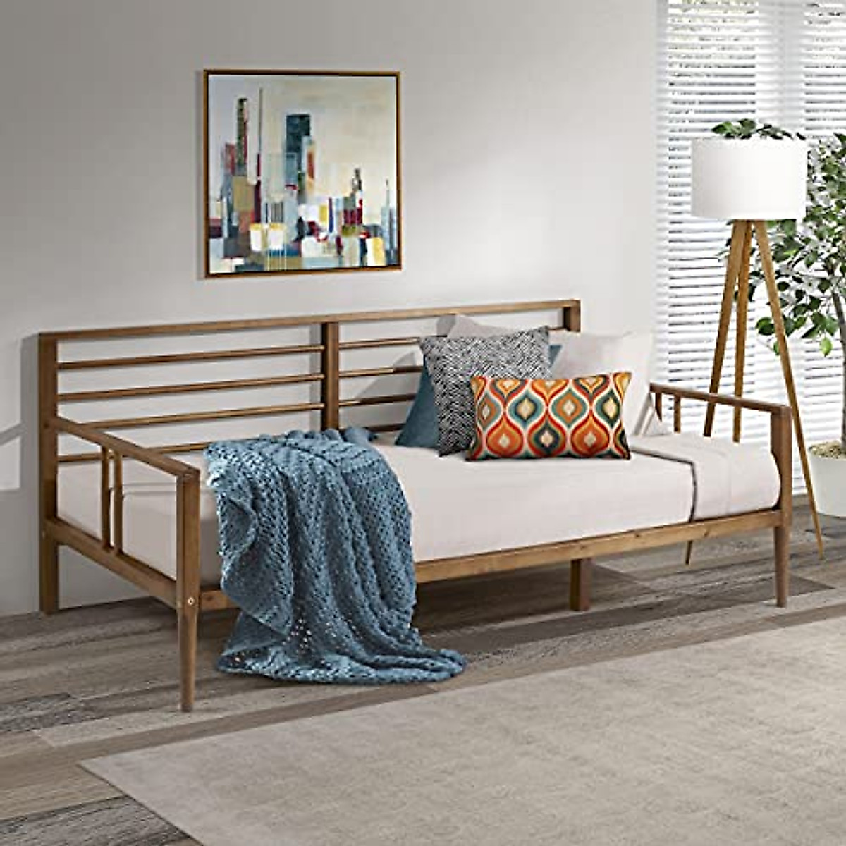 Walker Edison Mid Century Modern Wood Spindle Daybed Headboard Footboard Bed Frame Bedroom, Twin, Caramel