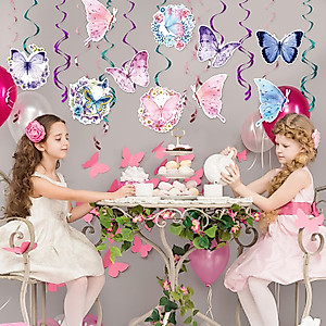 JUNEBRUSHS 46Pcs No Installation Hanging Butterfly Decorations Butterfly Birthday Decorations Spring Summer Themed Swirls Garland for Girl Birthday Wedding Party Baby Shower Garden Party